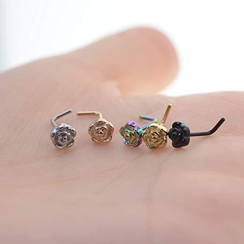 Tvoip 6Pcs 20G Titanium Nose Stud L Bone Shape Elegant Rose Flower Charm Nose Ring Earring Silver Hoop Stud Body Piercing Jewelry