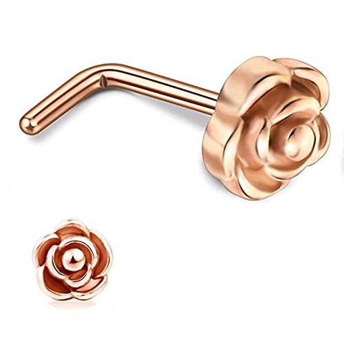 Tvoip 6Pcs 20G Titanium Nose Stud L Bone Shape Elegant Rose Flower Charm Nose Ring Earring Silver Hoop Stud Body Piercing Jewelry