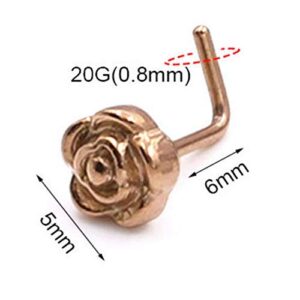 Tvoip 6Pcs 20G Titanium Nose Stud L Bone Shape Elegant Rose Flower Charm Nose Ring Earring Silver Hoop Stud Body Piercing Jewelry