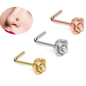 Tvoip 6Pcs 20G Titanium Nose Stud L Bone Shape Elegant Rose Flower Charm Nose Ring Earring Silver Hoop Stud Body Piercing Jewelry