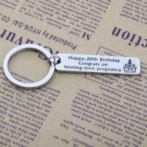 BEKECH 20th Birthday Gifts Birthday Keychain Happy 20th Birthday Congrats On Beating Teen Pregnancy Keychain 20th Keychain Birthday Jewelry (Silver)