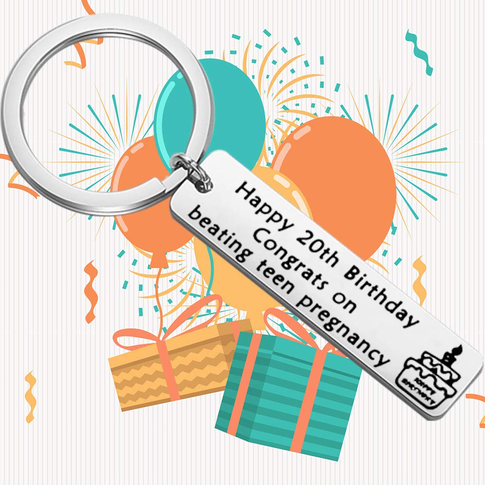 BEKECH 20th Birthday Gifts Birthday Keychain Happy 20th Birthday Congrats On Beating Teen Pregnancy Keychain 20th Keychain Birthday Jewelry (Silver)