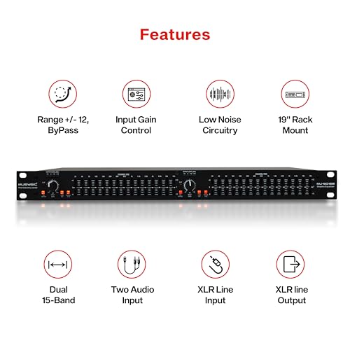 MUSYSIC MU-EQ15B Professional Dual 15-Band Stereo Graphic Digital Equalizer Crystal Clear Sound Quality, Versatile Connectivity Equalizer Home Audio Includes 1-Year Warranty