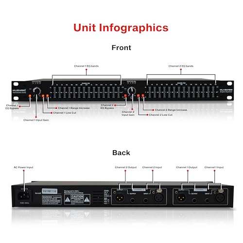 MUSYSIC MU-EQ15B Professional Dual 15-Band Stereo Graphic Digital Equalizer Crystal Clear Sound Quality, Versatile Connectivity Equalizer Home Audio Includes 1-Year Warranty