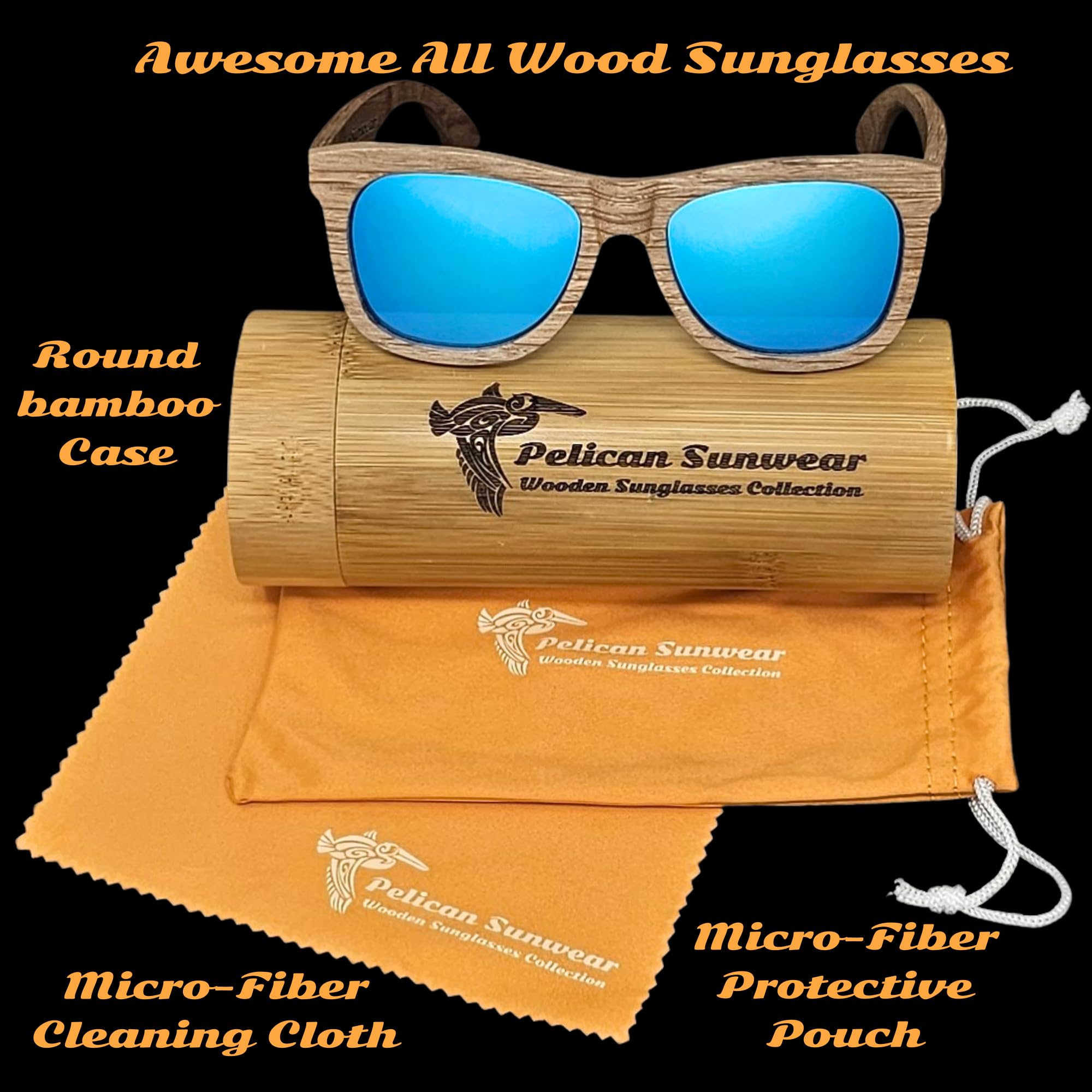 Pelican Sunwear Wood Sunglasses | Polarized | Vintage Wooden Frame | 100% UVA/UVB Protection | Bamboo Case | Men Women