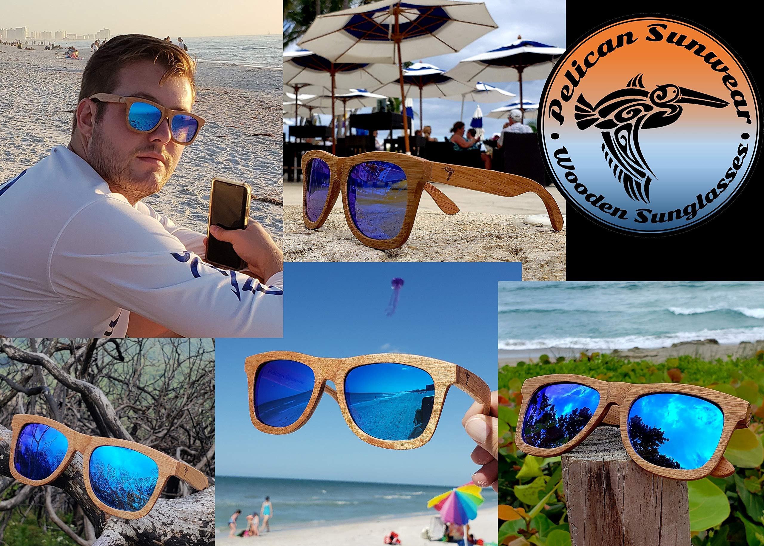 Pelican Sunwear Wood Sunglasses | Polarized | Vintage Wooden Frame | 100% UVA/UVB Protection | Bamboo Case | Men Women