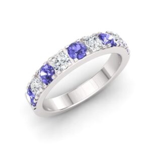 diamondere natural and certified tanzanite and diamond wedding ring in 14k white gold | 0.92 carat half eternity stackable band for women, us size 6.5