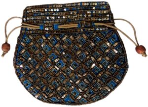 purpledip women's potli bag (clutch, drawstring purse): intricate gold thread & sequin embroidery satchel, firozi turquoise (11806)