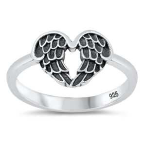 fashion oxidized feather promise heart angel wing ring new .925 sterling silver band size 6