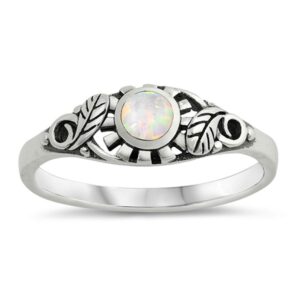 white filigree vine leaf simulated opal sun classic ring new .925 sterling silver band size 6