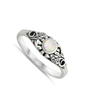 White Filigree Vine Leaf Simulated Opal Sun Classic Ring New .925 Sterling Silver Band Size 6