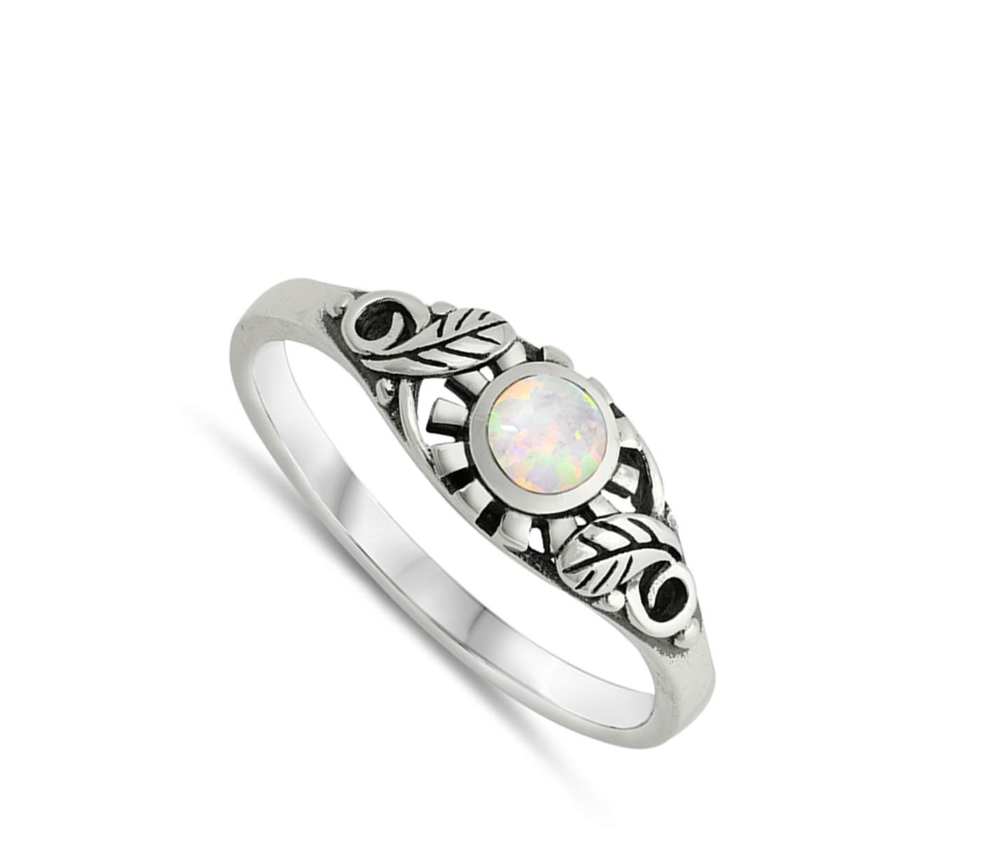 White Filigree Vine Leaf Simulated Opal Sun Classic Ring New .925 Sterling Silver Band Size 6