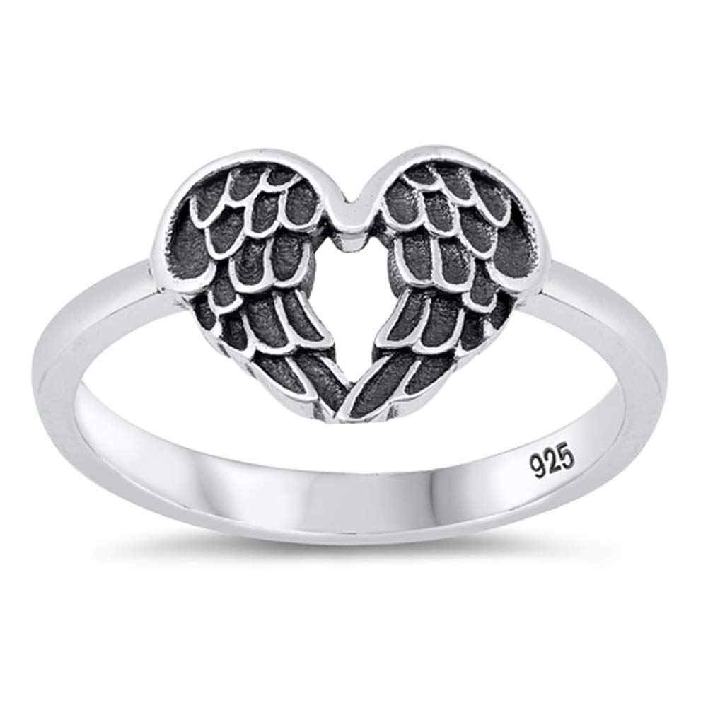 Fashion Oxidized Feather Promise Heart Angel Wing Ring New .925 Sterling Silver Band Size 4