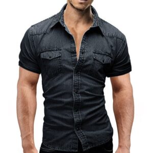 shirt for men, f_gotal men's t-shirts fashion summer short sleeve denim shirts slim fit casual sport tees blouse tops black