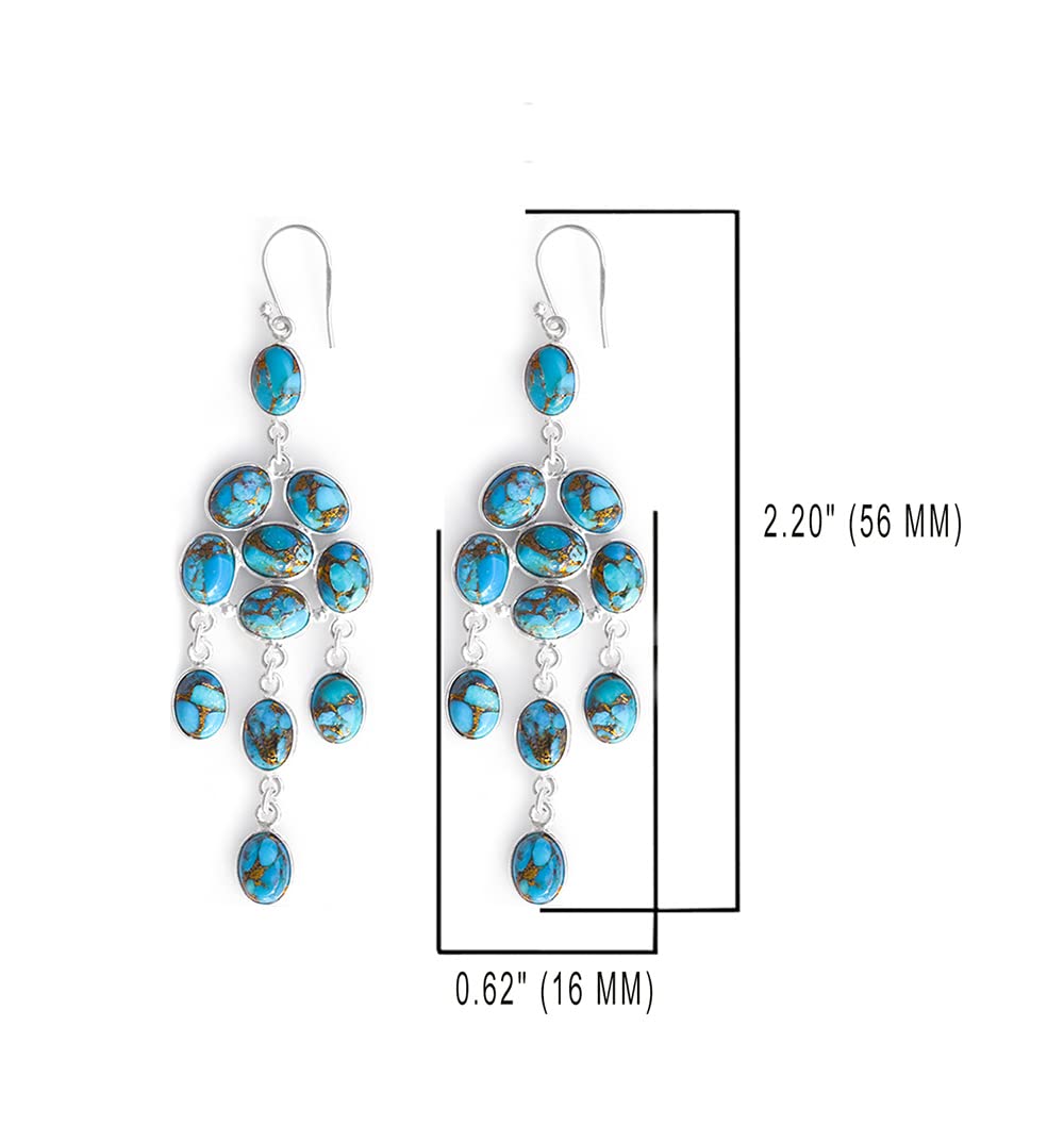 YoTreasure Blue Copper Turquoise 925 Sterling Silver Fishhook Chandelier Earrings Birthstone Fine Jewelry for Women