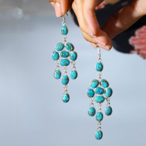 YoTreasure Blue Copper Turquoise 925 Sterling Silver Fishhook Chandelier Earrings Birthstone Fine Jewelry for Women