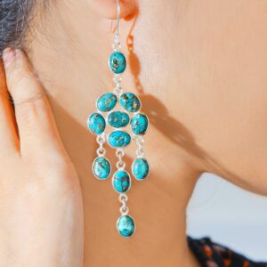 YoTreasure Blue Copper Turquoise 925 Sterling Silver Fishhook Chandelier Earrings Birthstone Fine Jewelry for Women