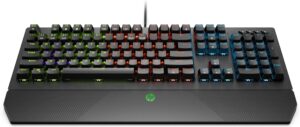 hp pavilion gaming wired mechanical keyboard 800 with 4-zone backlit led, anti-ghosting n-key rollover, audio control, and red mechanical switches, (5js06aa)