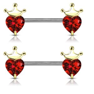 cz crystal heart with crown nipple barbells, sold as pair (gold tone/red)