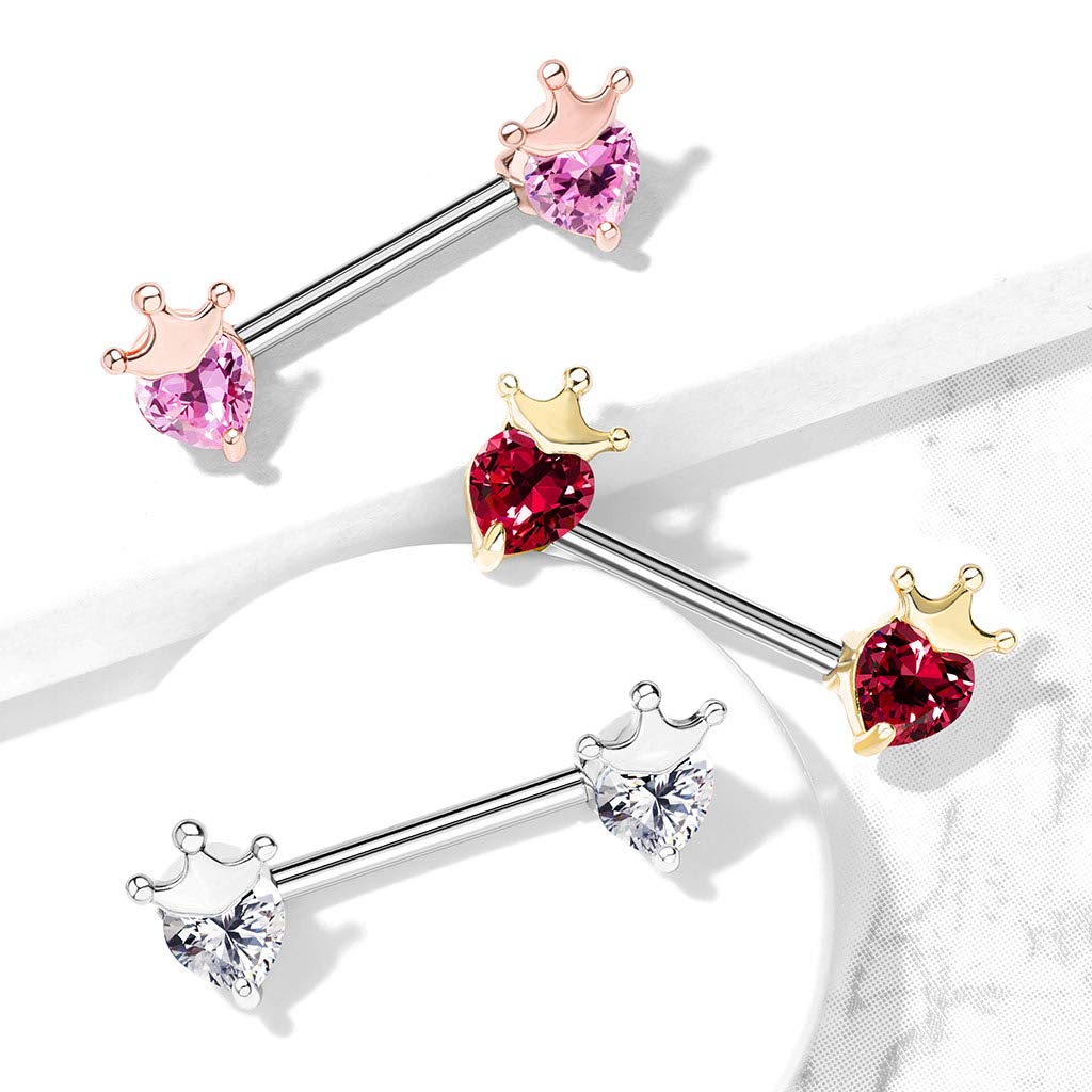 CZ Crystal Heart with Crown Nipple Barbells, Sold as Pair (Gold Tone/Red)