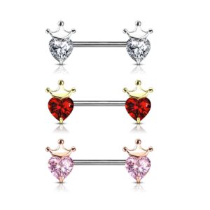 CZ Crystal Heart with Crown Nipple Barbells, Sold as Pair (Gold Tone/Red)