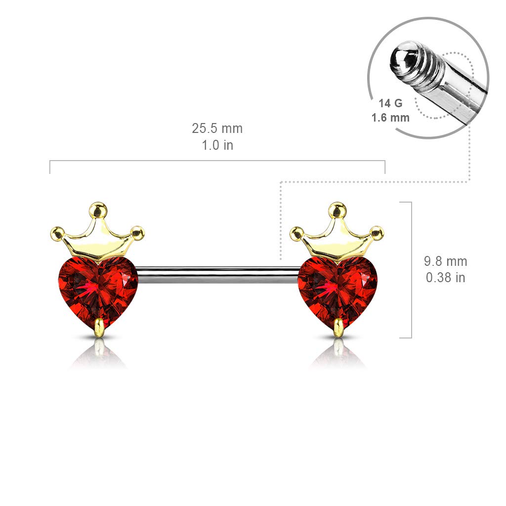 CZ Crystal Heart with Crown Nipple Barbells, Sold as Pair (Gold Tone/Red)