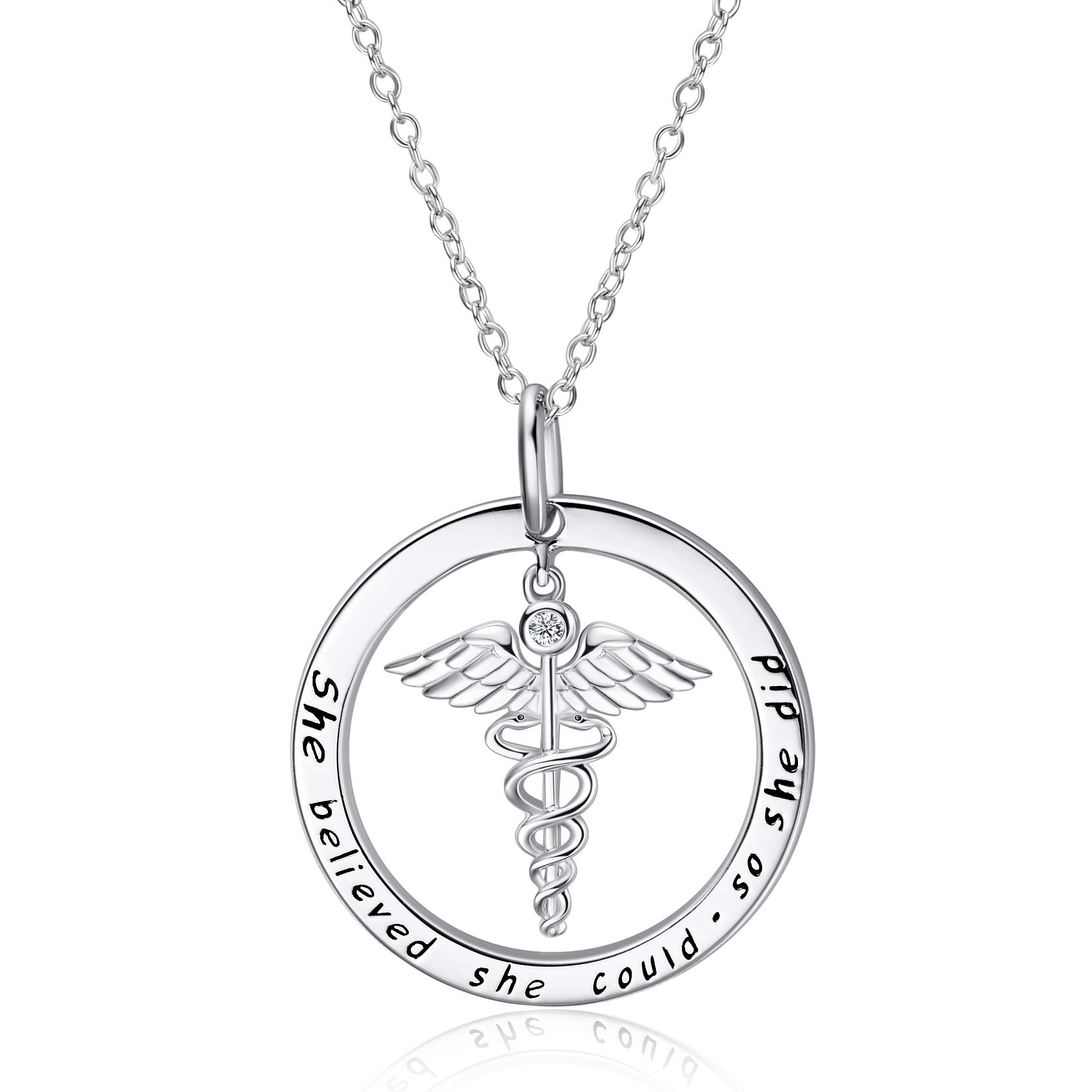 WINNICACA Nurse Jewelry for Women Caduceus Necklace Nurse Christmas Gifts Sterling Silver Nurse Themed Pendant She Believed She Could So She Did Nurse Graduation Gifts White Coat Ceremony Doctor