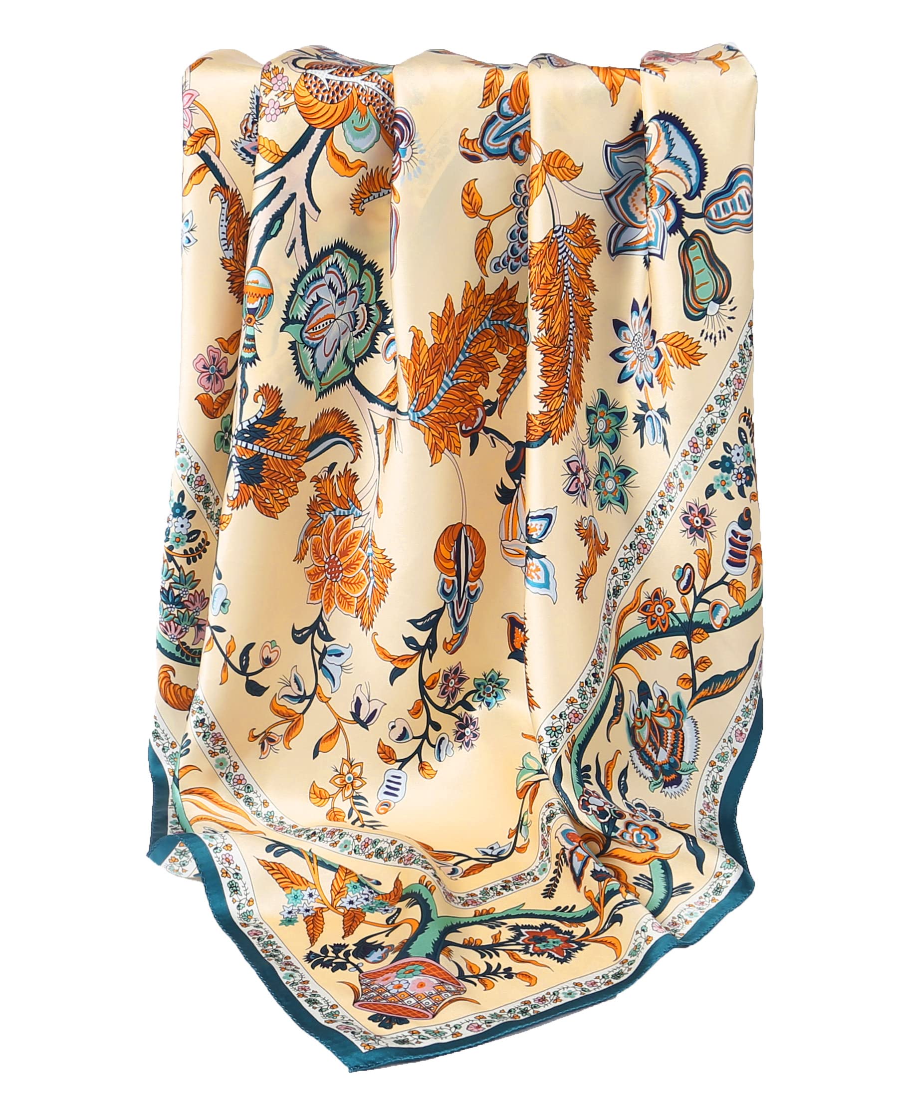 Grace Scarves 100% Silk Scarf, Extra-Large, Beanstalk, Creme with Teal Trim