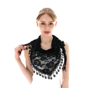 LMVERNA Lace Tassel Sheer Floral Triangle Mantilla Scarf Printed Silk Soft Shawl Scarf (Black)