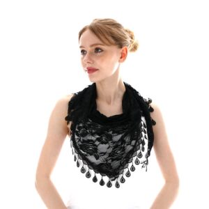 LMVERNA Lace Tassel Sheer Floral Triangle Mantilla Scarf Printed Silk Soft Shawl Scarf (Black)