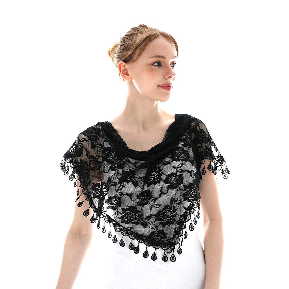 LMVERNA Lace Tassel Sheer Floral Triangle Mantilla Scarf Printed Silk Soft Shawl Scarf (Black)