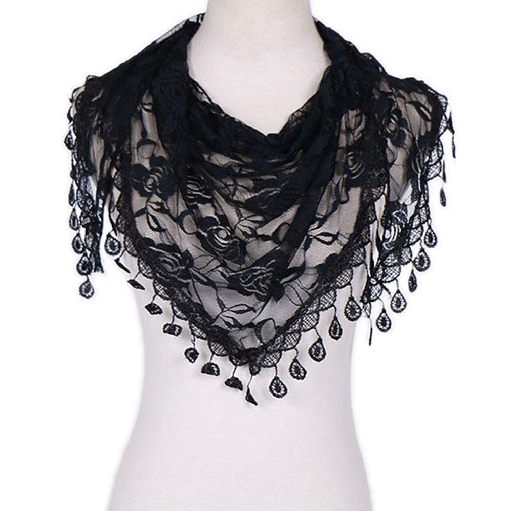 LMVERNA Lace Tassel Sheer Floral Triangle Mantilla Scarf Printed Silk Soft Shawl Scarf (Black)