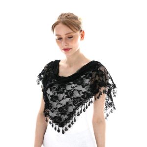 LMVERNA Lace Tassel Sheer Floral Triangle Mantilla Scarf Printed Silk Soft Shawl Scarf (Black)