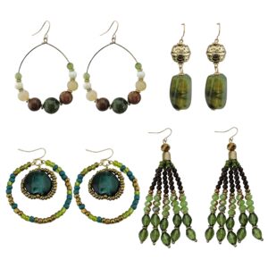 coiris 4 pairs earring set for women olive green fringe dangle pendant earrings/hoop beaded earrings (es1007)