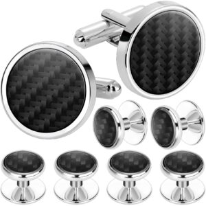 mens cufflinks and tuxedo studs set in gift box (carbon fiber), jewelry or accessories in gold silver black tone, matching with shirts vest and bow tie, suitable for birthday wedding anniversary