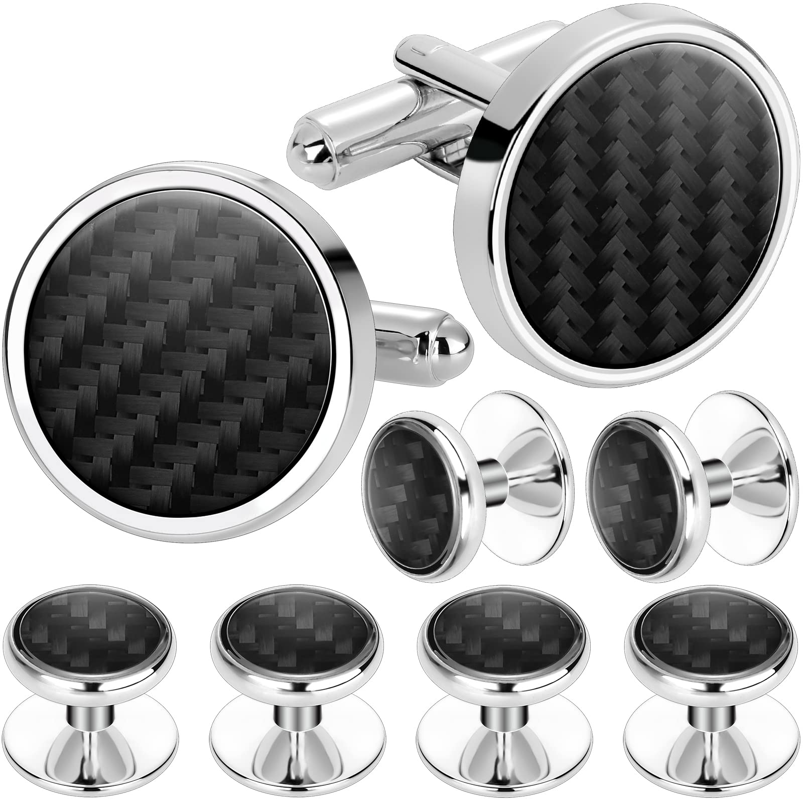 Mens Cufflinks and Tuxedo Studs Set in Gift Box (Carbon Fiber), Jewelry or Accessories in Gold Silver Black Tone, Matching with Shirts Vest and Bow tie, Suitable for Birthday Wedding Anniversary