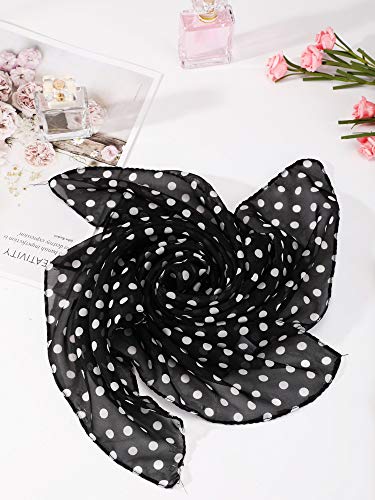 Boao 1950s Chiffon Scarf Polka Dot Retro Hair Tie 50s Sheer Square Neck Head Scarf Vintage Neckerchief for Women Girls (Black with White Dots)