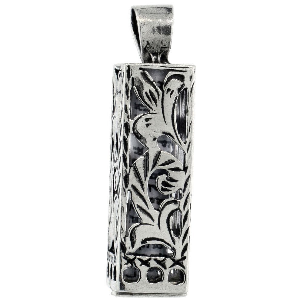 Sterling Silver Mezuzah Necklace Floral Pattern Cuboid Shape 15/16 inch 30 inch BXO_19