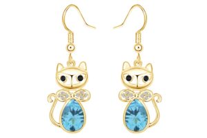 mother's day jewelry gift pear simulated aquamarine & black, white cubic zirconia cute cat animal drop dangle earrings in 14k yellow gold over sterling silver