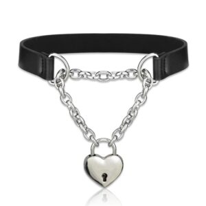 alona magic goth choker necklaces for women, black choker and heart padlock day collar with key, black pu leather choker collar for women