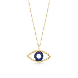 14k solid gold open evil eye necklace | 14k yellow gold blue necklaces for women | eye shaped pendant necklace | delicate protection jewelry | gifts for birthday, 18"