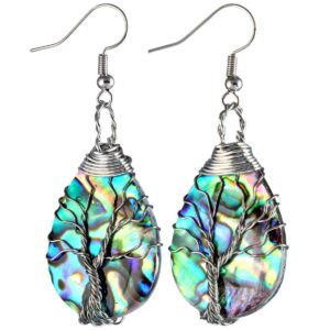 sunyik rainbow abalone shell stone dangle earrings for women, teardrop silver plated