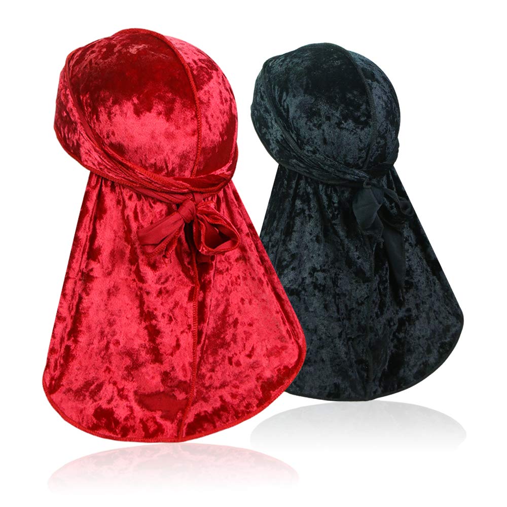 ASHILISIA 2 PCS Crushed Velvet Wave Durag – Premium Soft Durag Headwear with Extra Long Tail Perfect for 360 Waves