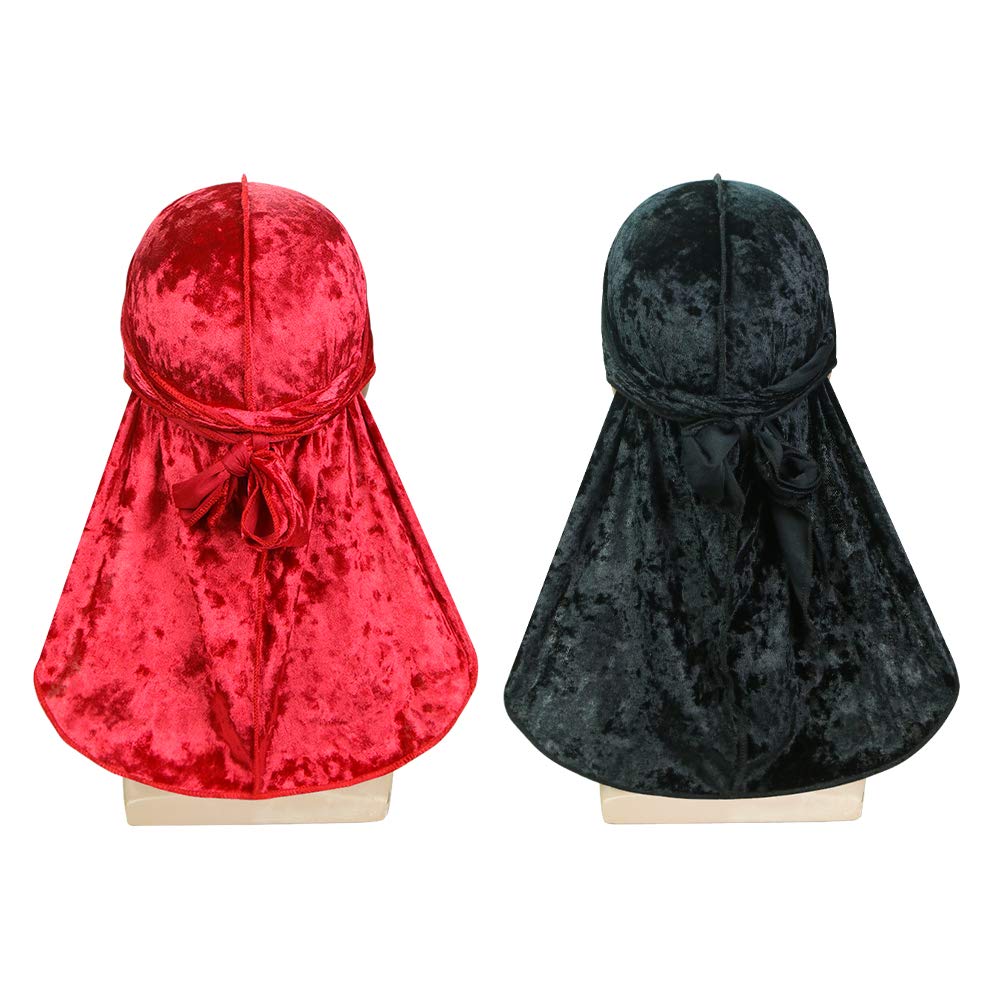 ASHILISIA 2 PCS Crushed Velvet Wave Durag – Premium Soft Durag Headwear with Extra Long Tail Perfect for 360 Waves