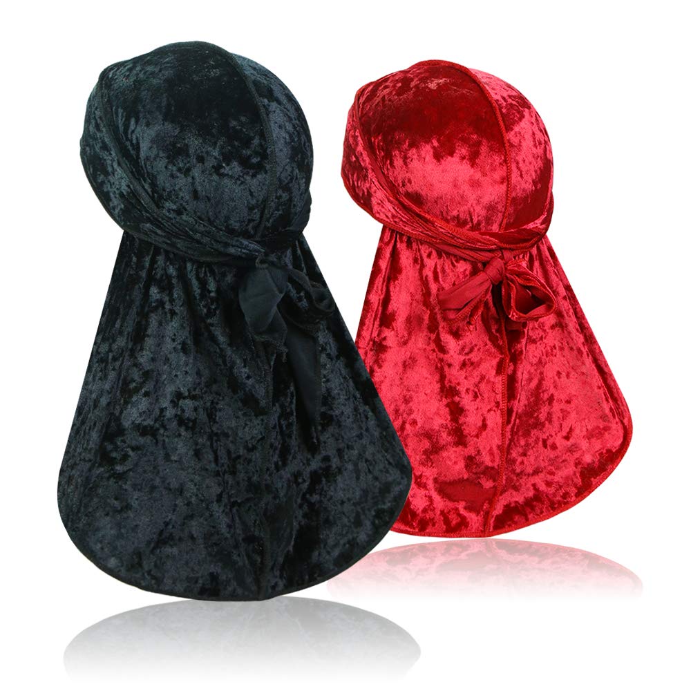 ASHILISIA 2 PCS Crushed Velvet Wave Durag – Premium Soft Durag Headwear with Extra Long Tail Perfect for 360 Waves