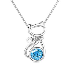 aoboco cat necklace for cat lovers 925 sterling silver march birthstone pendant crystal cat jewelry gifts for women