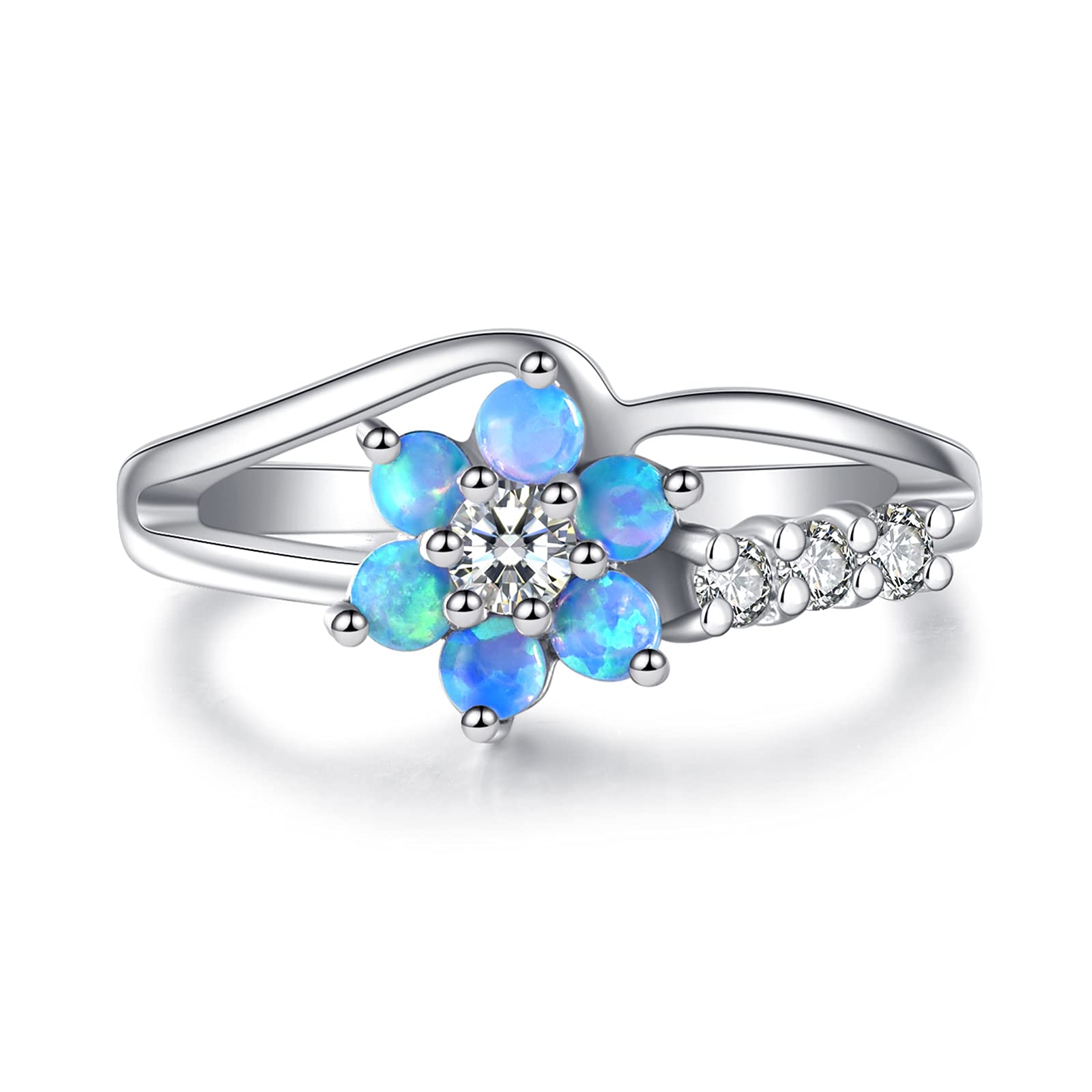 LARDROK Exquisite Round Cut White Created-Opal Stone Flower Created-Opal Rings Women Jewelry Birthday Proposal Gift Bridal Engagement Party Band Rings Size 6-10