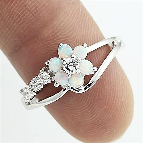 LARDROK Exquisite Round Cut White Created-Opal Stone Flower Created-Opal Rings Women Jewelry Birthday Proposal Gift Bridal Engagement Party Band Rings Size 6-10