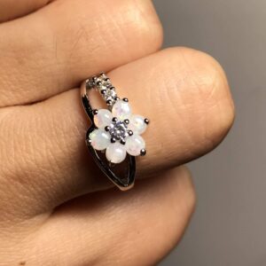 LARDROK Exquisite Round Cut White Created-Opal Stone Flower Created-Opal Rings Women Jewelry Birthday Proposal Gift Bridal Engagement Party Band Rings Size 6-10