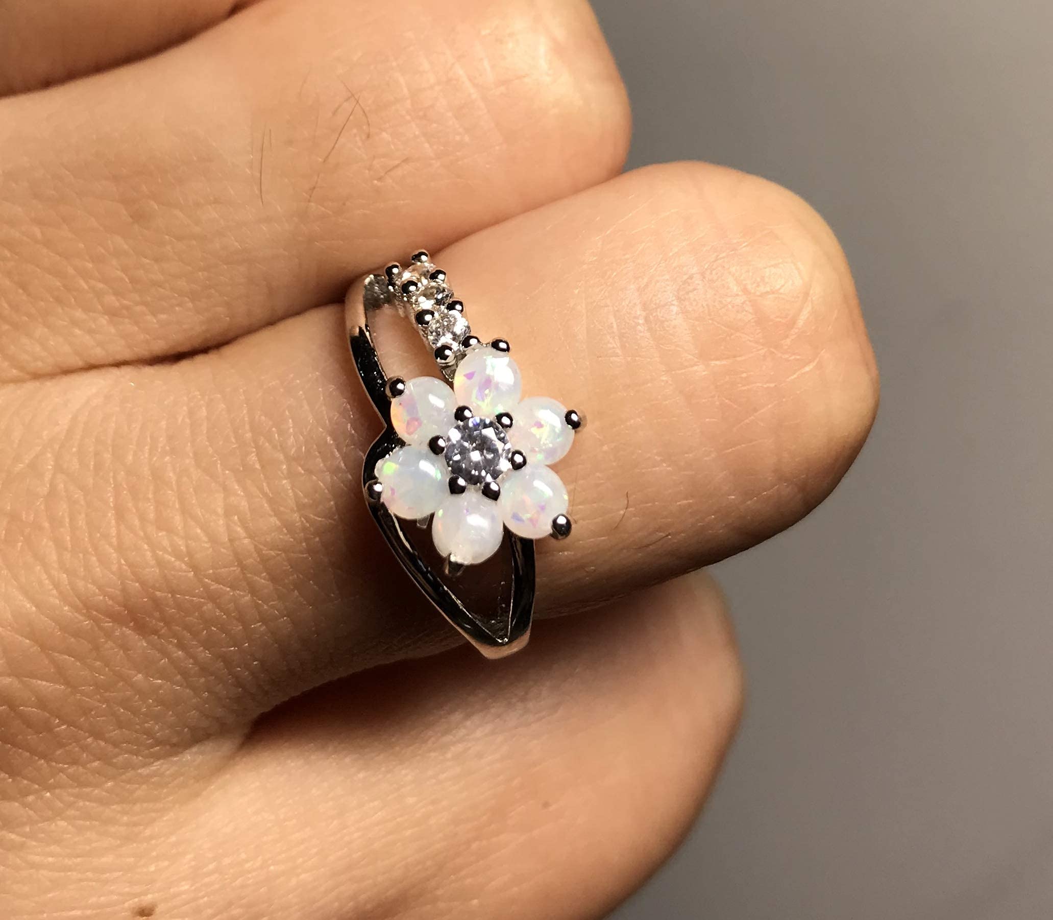 LARDROK Exquisite Round Cut White Created-Opal Stone Flower Created-Opal Rings Women Jewelry Birthday Proposal Gift Bridal Engagement Party Band Rings Size 6-10